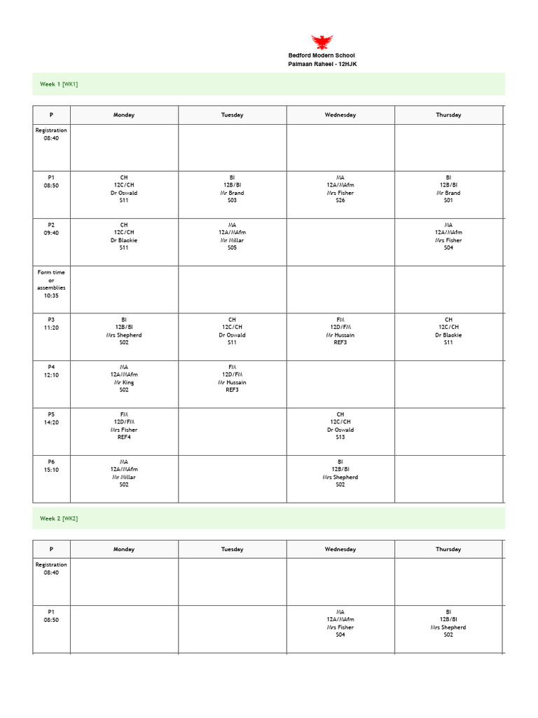 Pupil Portal - My Timetable | PDF