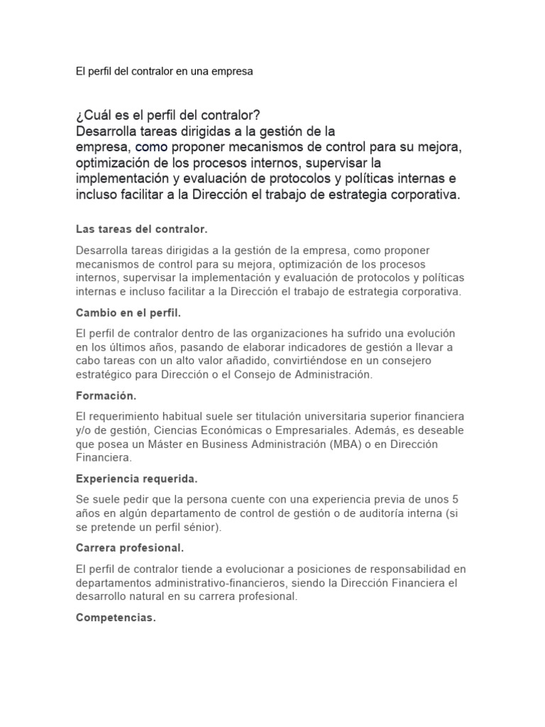 El Perfil Del Contralor en Una Empresa | PDF | Contralor | Business