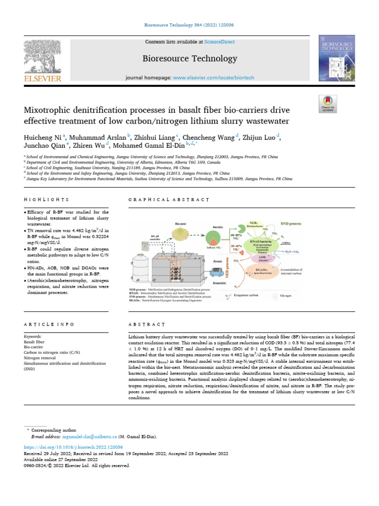 Mixotrophic Denitrification Processes in Basalt Fiber Bio-Carriers Drive Effective Treatment of ...