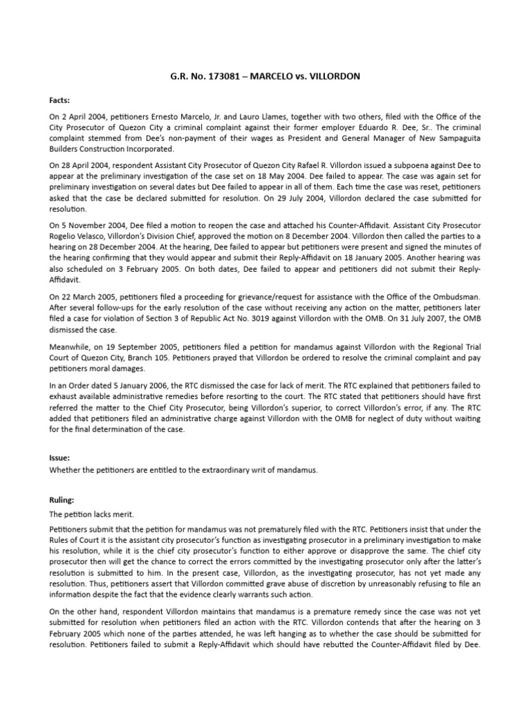 Case 8 - GR No 173081 (Marcelo Vs Villordon) | PDF | Mandamus | Prosecutor