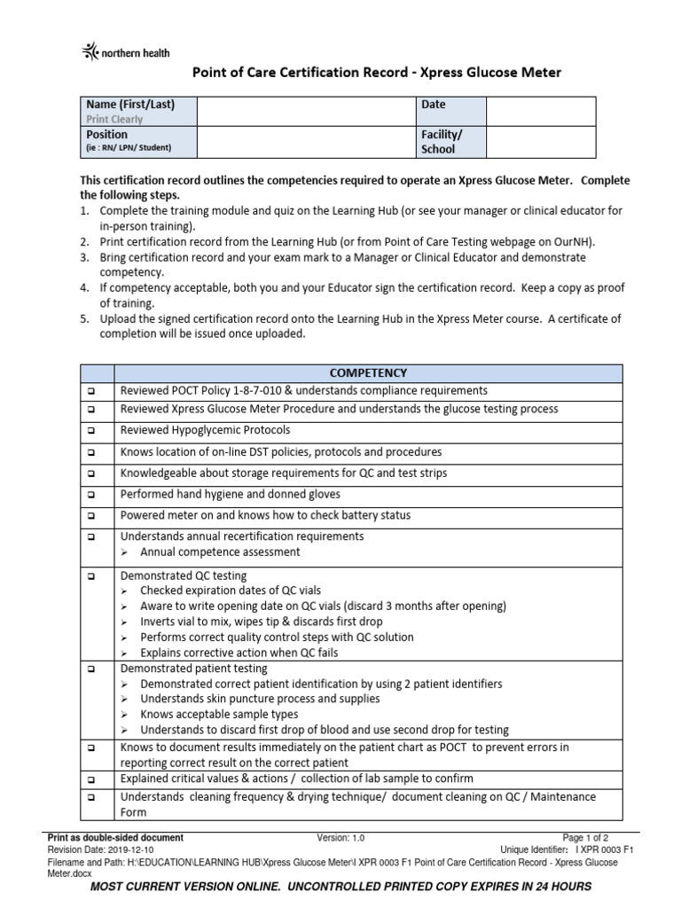 Point of Care Certification Record - Xpress Glucose Meter | PDF ...