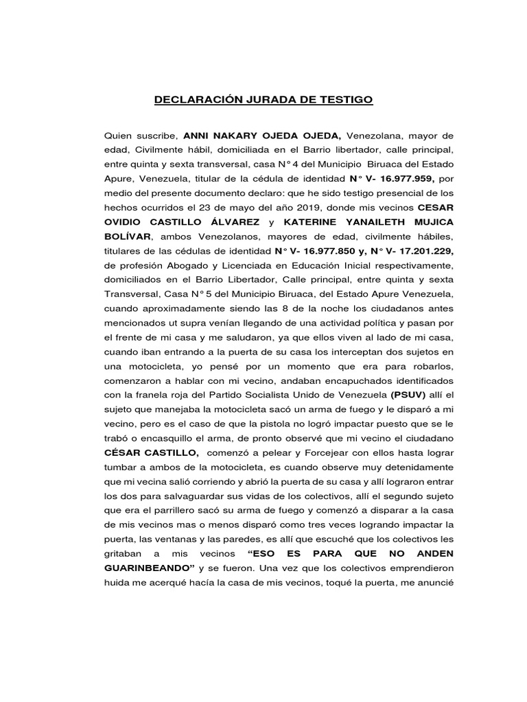 Declaración Jurada de Testigo | PDF | Venezuela Declaración Jurada de Testigo | PDF | Venezuela