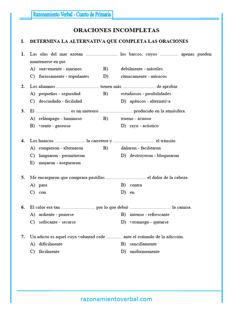 08 Oraciones Incompletas Cuarto de Primaria | PDF
