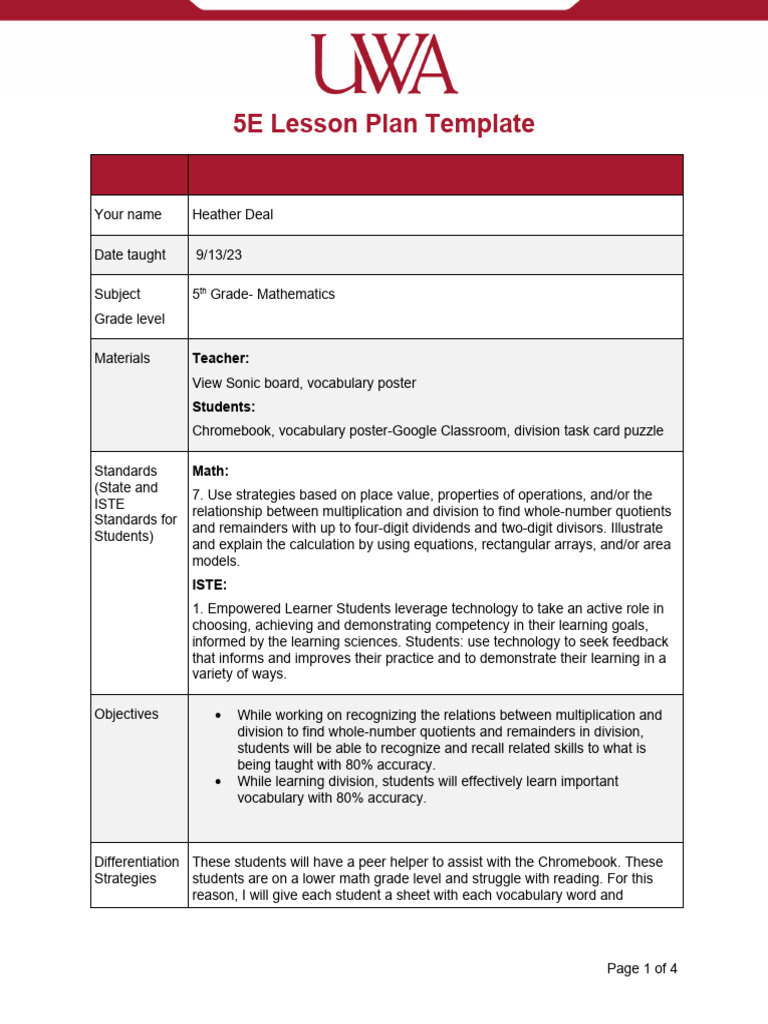 Ed508-Deal 5e Lesson Plan Template | PDF | Division (Mathematics ...