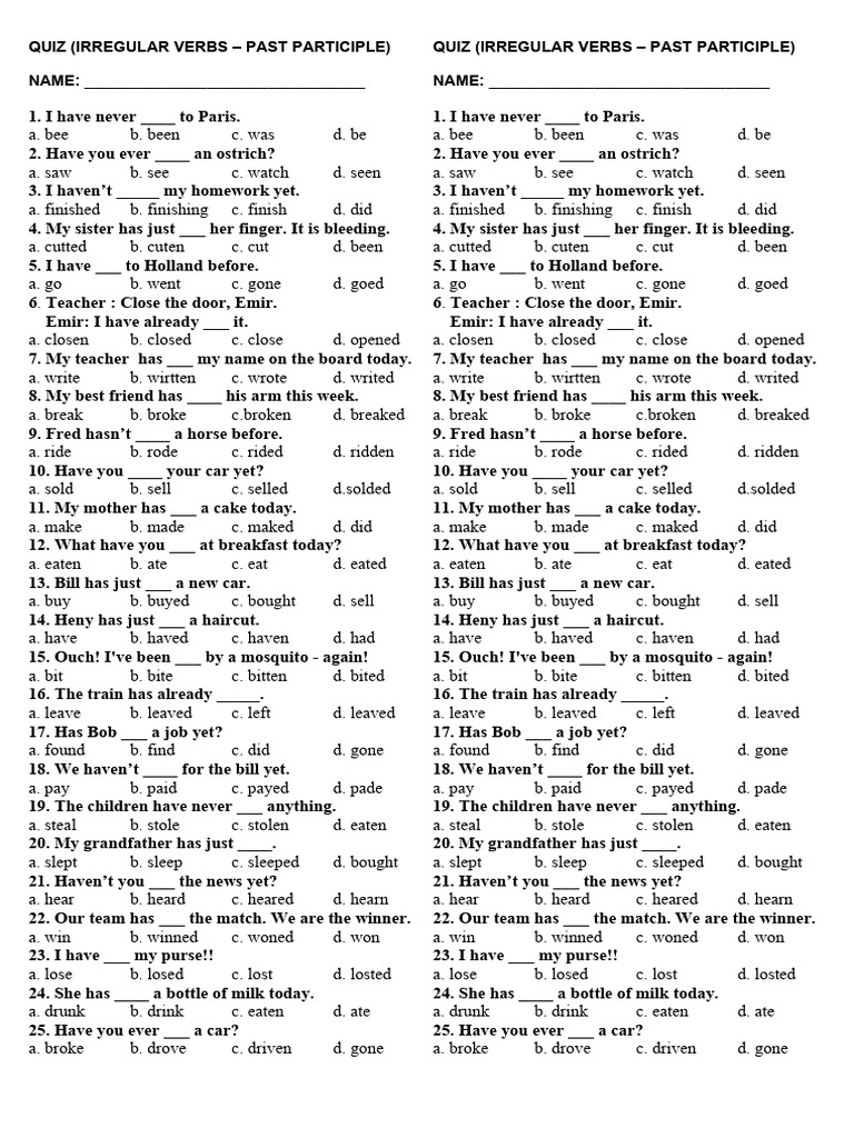 Quiz Irregular Verbs Past Participle | PDF | Language Families | Morphology