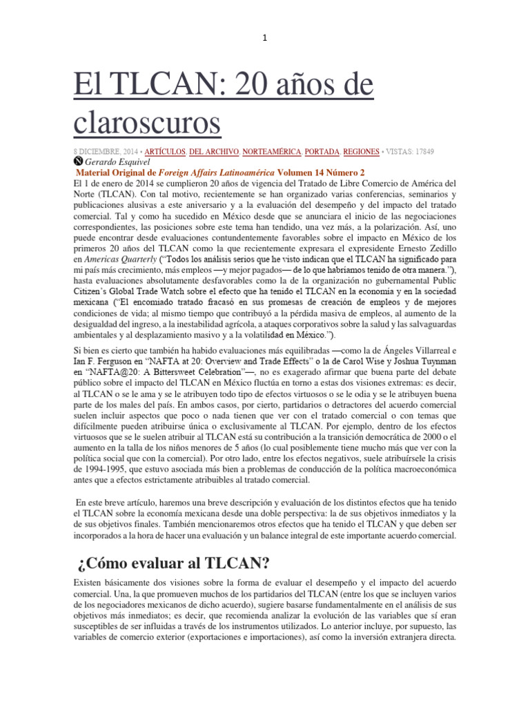El TLCAN Gerardo Esquivel | PDF | Tratado de Libre Comercio ...