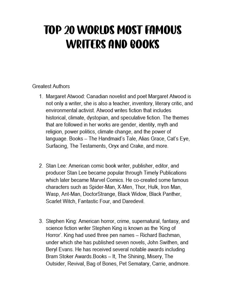 Top 20 Worlds Most Famous Writers and Books (Investigacion) | PDF ...