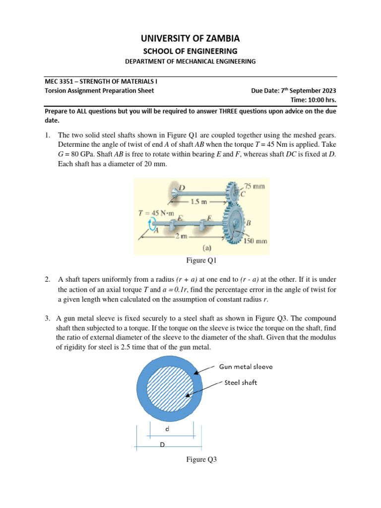 Torsion Assignments Prep Sheets - 2023 | PDF | Torque | Gear