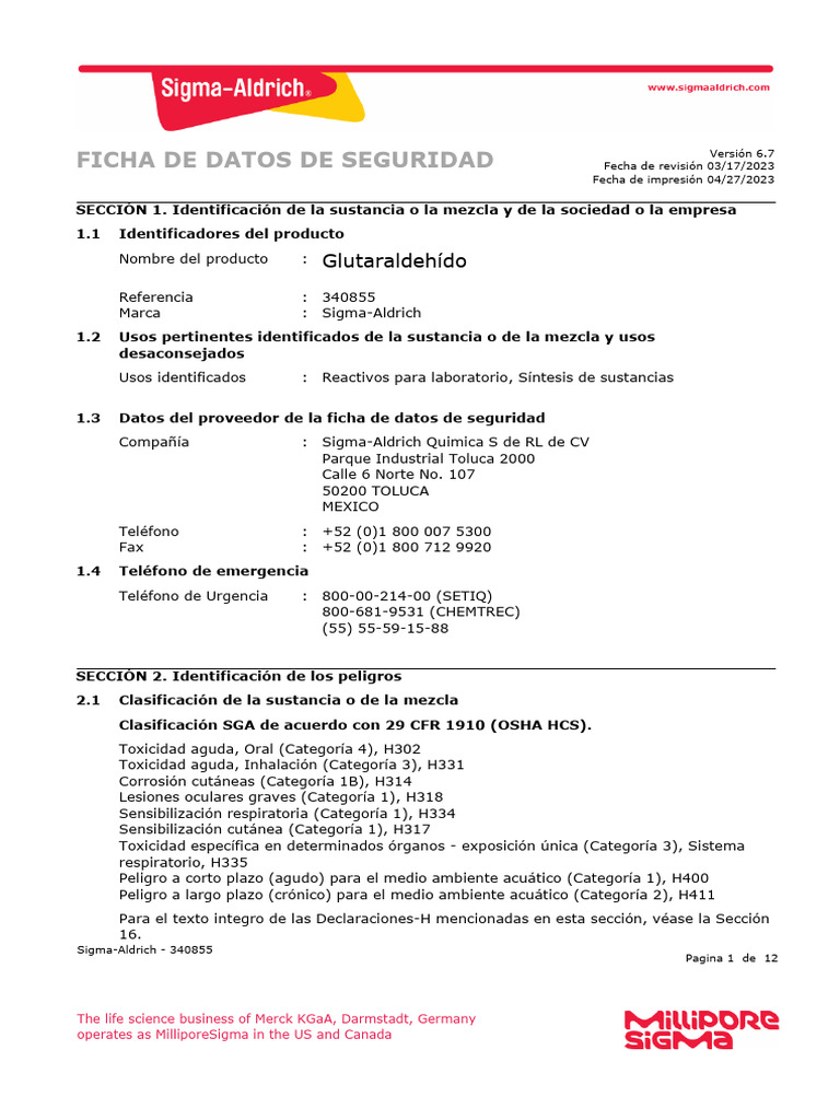 Ficha de Datos de Seguridad: Glutaraldehído | PDF | Alergia | Agua