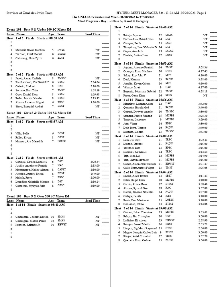 OFFICIAL Day 1 Meet Program The CNLCSCA Centennial Meet | PDF