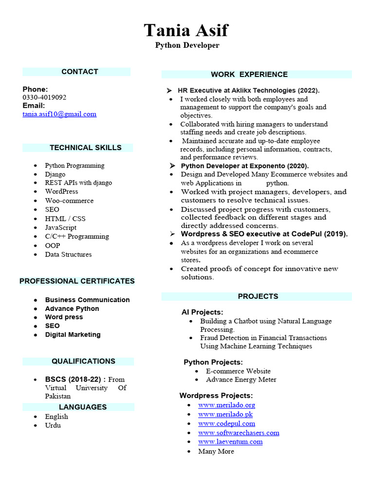 Tania Asif: Python Developer Resume | PDF | E Commerce | Word Press
