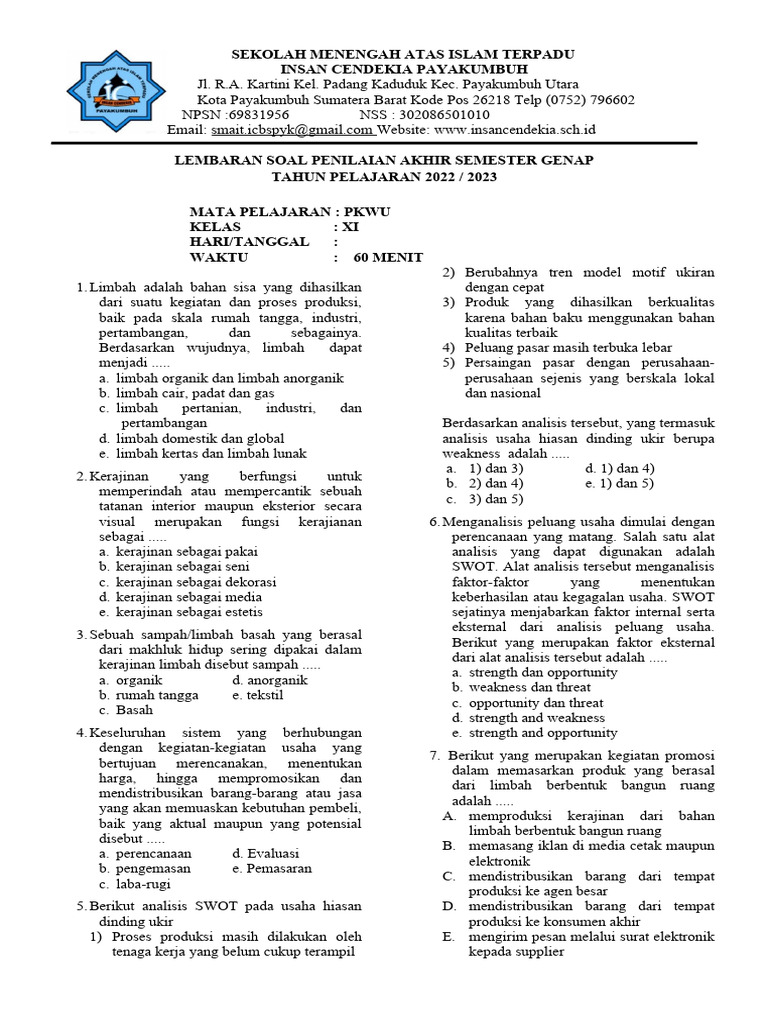 Naskah Soal Pas Pkwu Xi 2023 | PDF | Komputer
