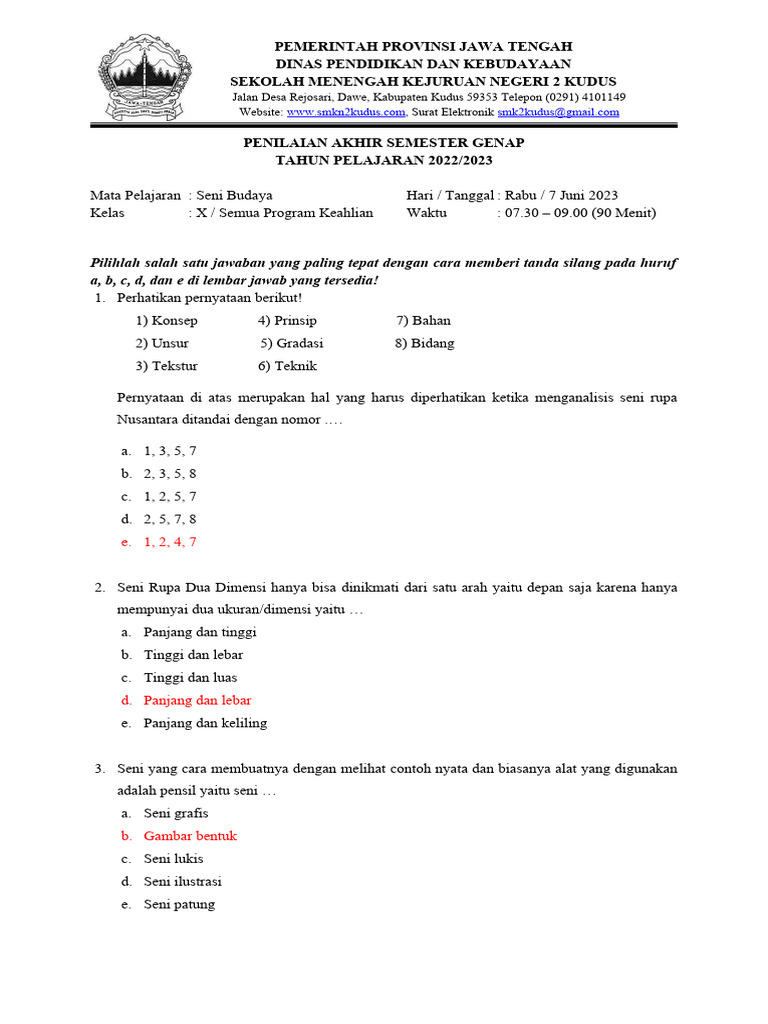 Soal Penilaian Akhir Semester Genap TP 2022 2023 Tanpa Jawaban | PDF | Metode & Bahan Ajar | Seni