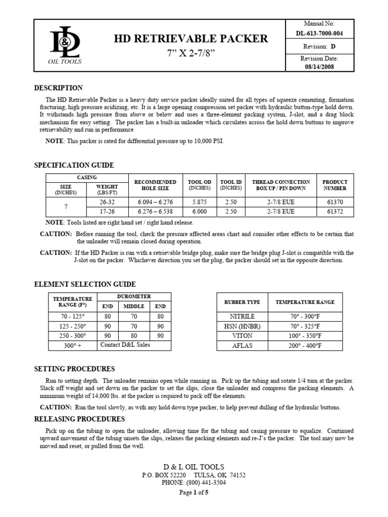 HD Retrievable Packer Specifications | PDF | Pressure | Manufactured Goods