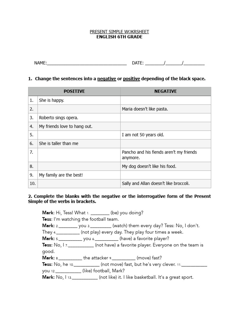 Present Simple Worksheet 6th Graders | PDF | Linguistic Morphology | Syntax