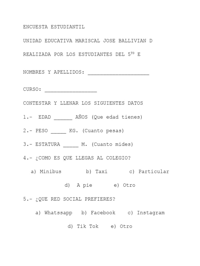 Encuesta Estudiantil Mariscal José Ballivian | PDF | Ciencias sociales