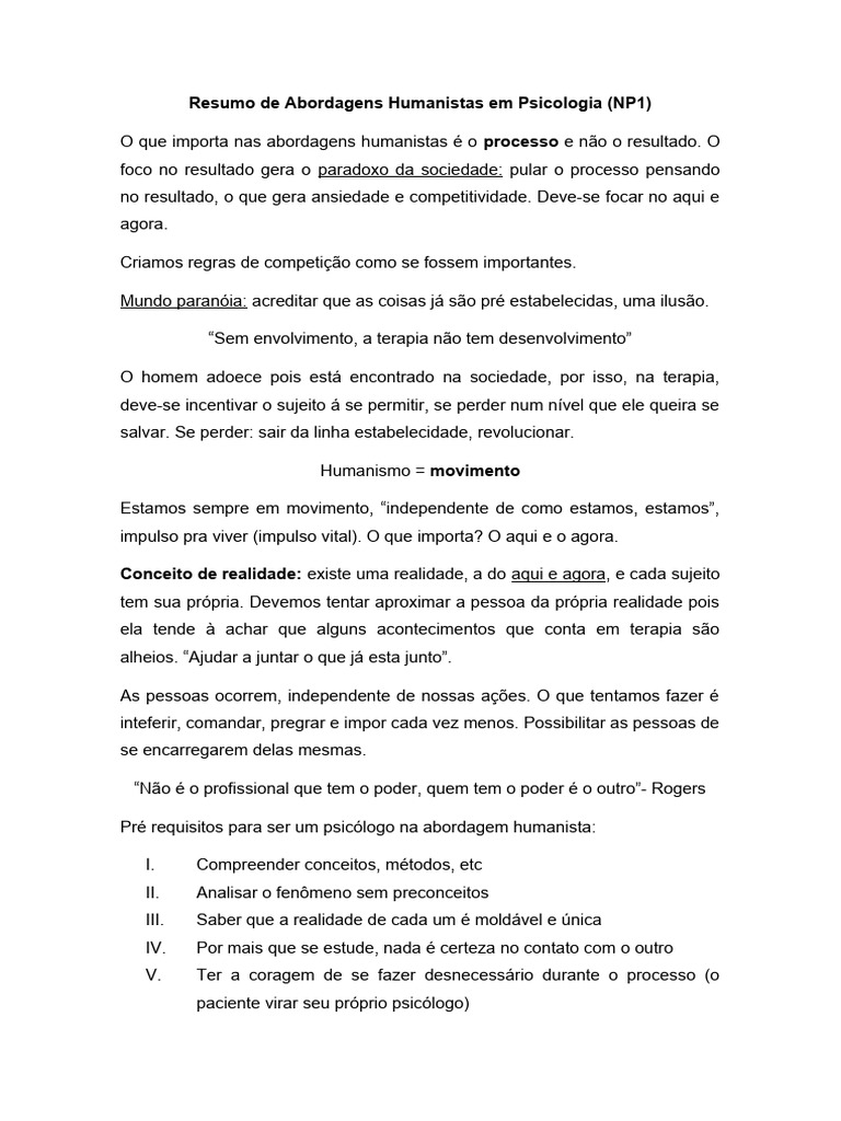 Resumo de Abordagens Humanistas em Psicologia (NP1) | PDF | Psicologia | Realidade
