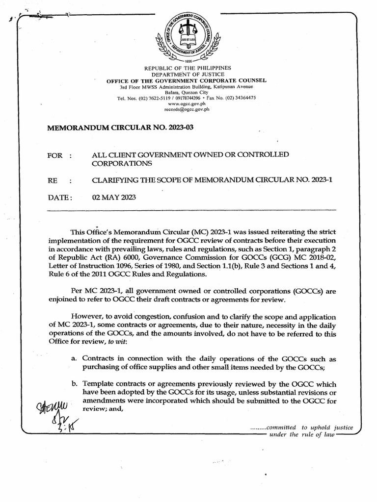 OGCC Memorandum Circular 2023 - 03 | PDF | Legal Documents | Government
