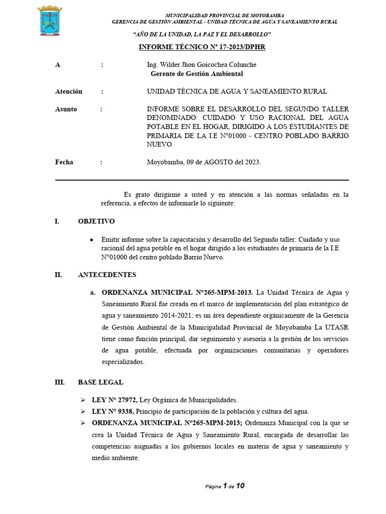 Informe #17 Uso Racional Del Agua - I.E Barrio Nuevo | PDF | Evaluación | Aprendizaje