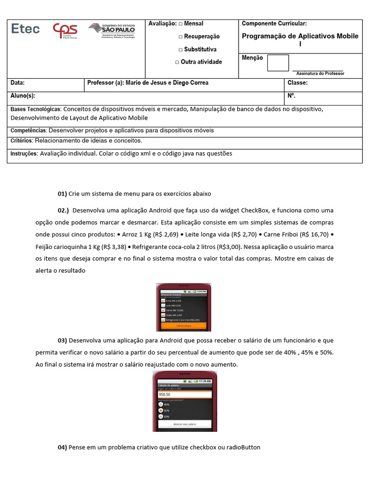 Lista de Exercícos RadioButton e CheckBox | PDF Lista de Exercícos RadioButton e CheckBox | PDF