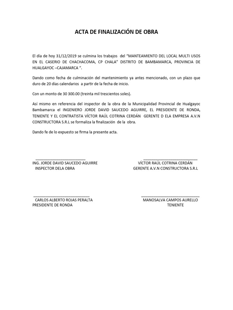 Acta de Culminación de Obra en Chachacoma | PDF | Hogar, jardinería y ...