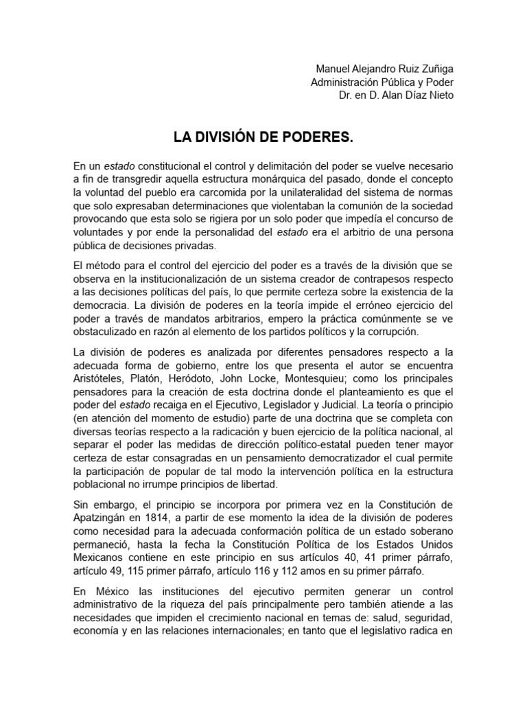 La División de Poderes. | PDF | Separación de poderes | Constitución