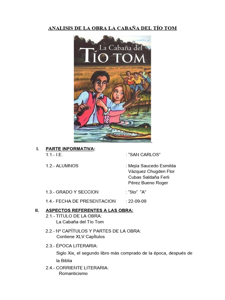 Analisis de La Obra. Tio Tom | PDF | La cabaña del tío Tom | Esclavitud