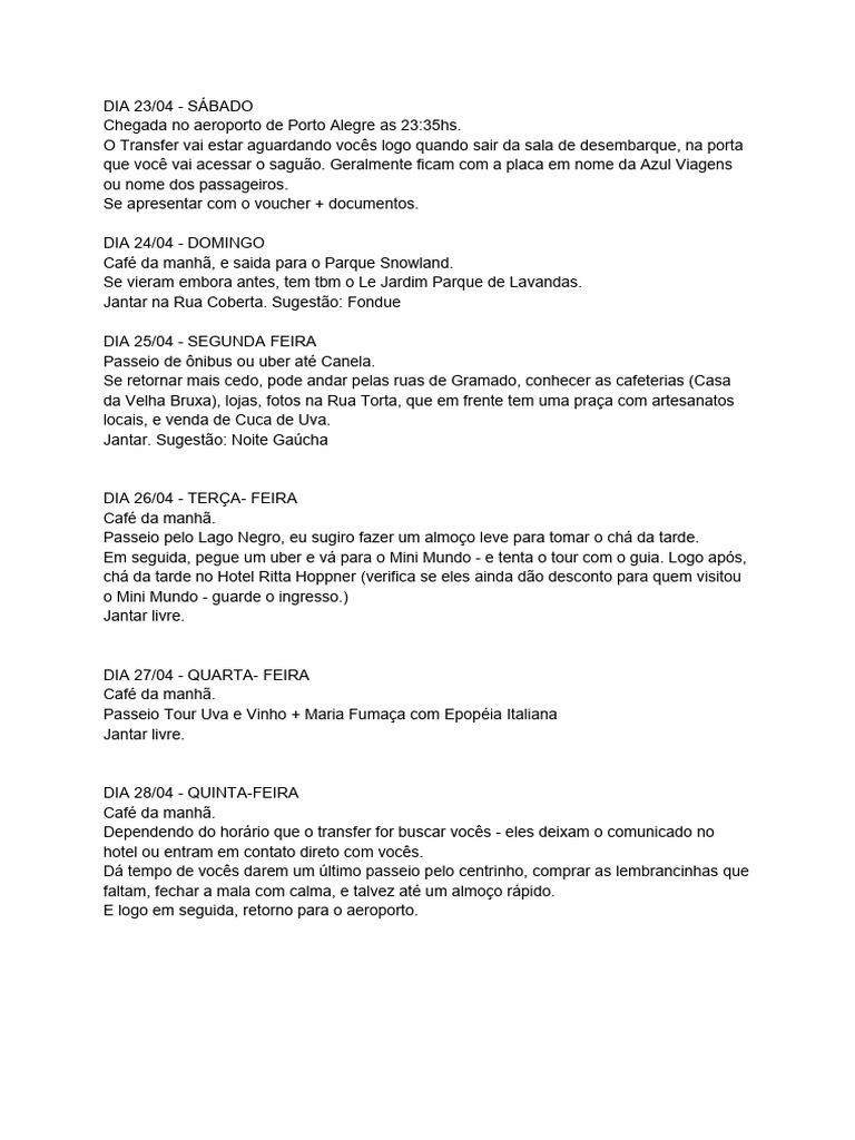 Roteiro Viagem Gramado | PDF