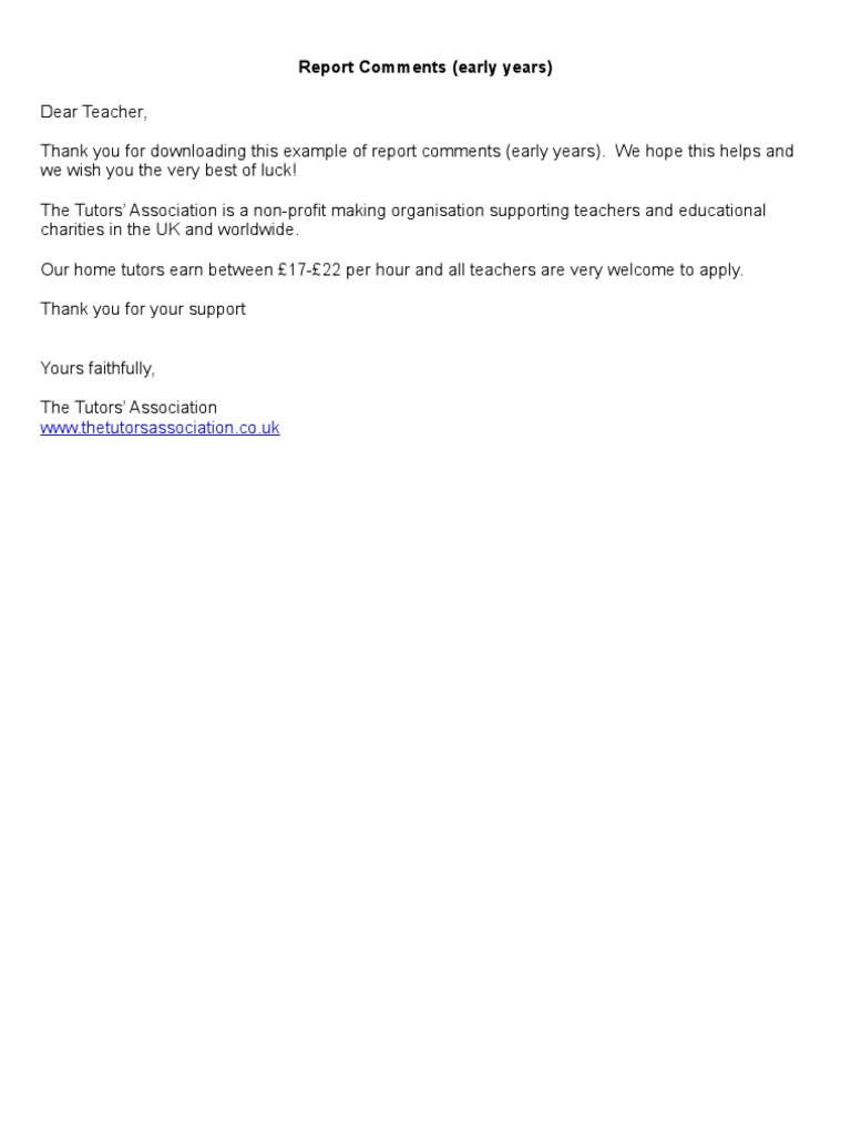 Early Years Report Comments Guide | PDF | Shape | Writing