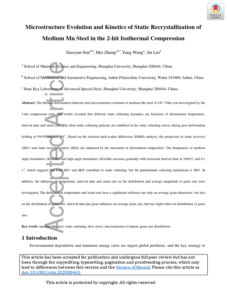 Microstructure Evolution and Kinetics of Static Recrystallization of MEDIUM MN | PDF ...