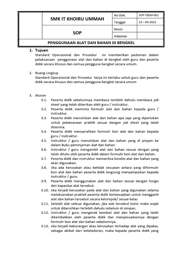 SOP Penggunaan Alat di Bengkel Motor | PDF