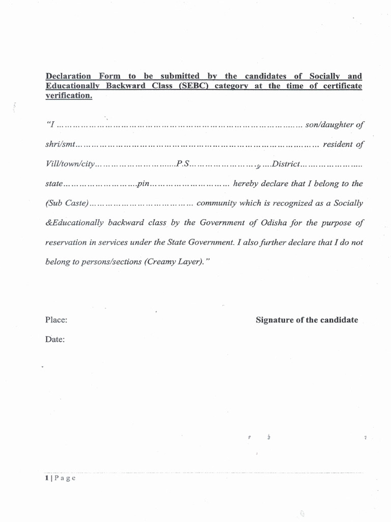 Declaration For SEBC Candidates | PDF