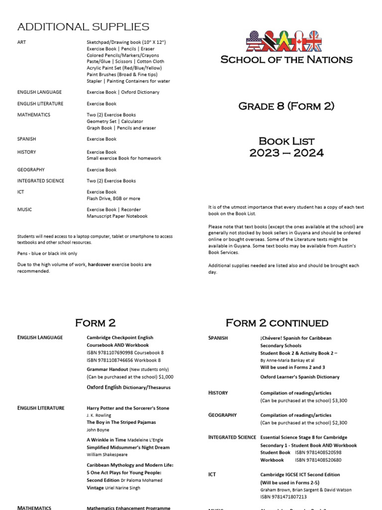 Booklists - 2023-2024 - Grade 8 (Form 2) | PDF | Books | Textbook