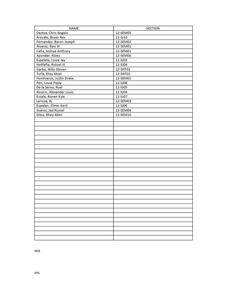 Student Names and Sections List | PDF | Sports & Recreation