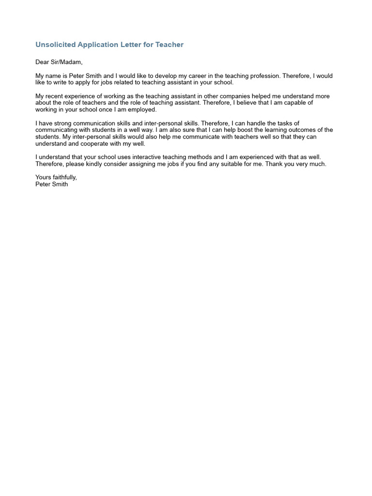 Unsolicited Application Letter For Teacher | PDF | Self-Improvement