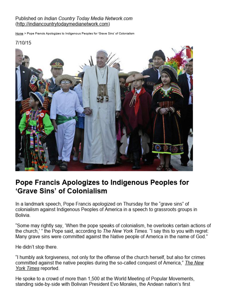 Pope Francis Apologizes to Indigenous Peoples | PDF | Pope Francis ...