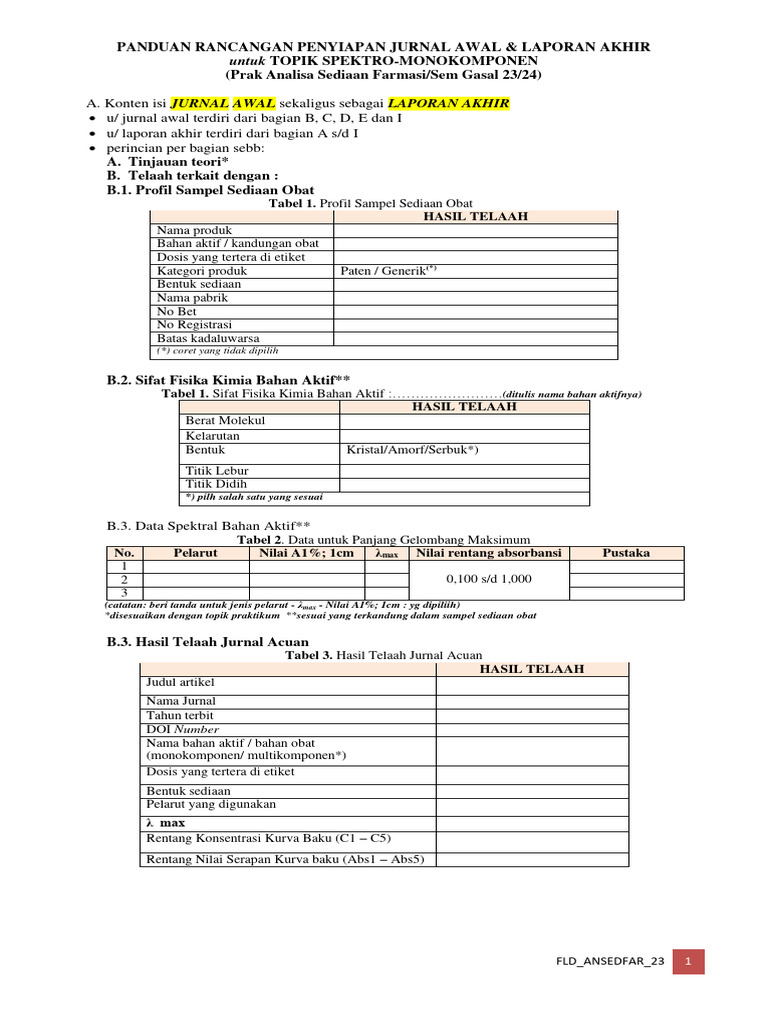 Form - Penyiapan Jurnal Awal-Lap Akhir - Spektro-Monokomponen - FLD - 4 Sep 23 | PDF