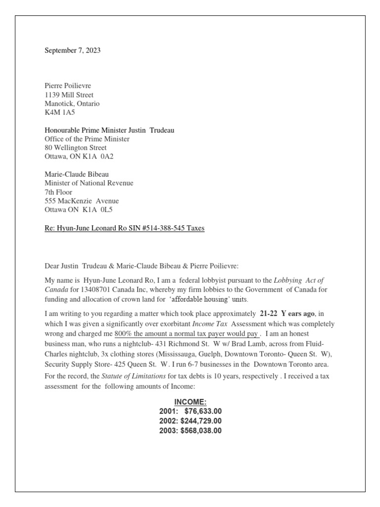 Justin Trudeau Pierre Poilievre Letter About Income Taxes | PDF | Tax ...