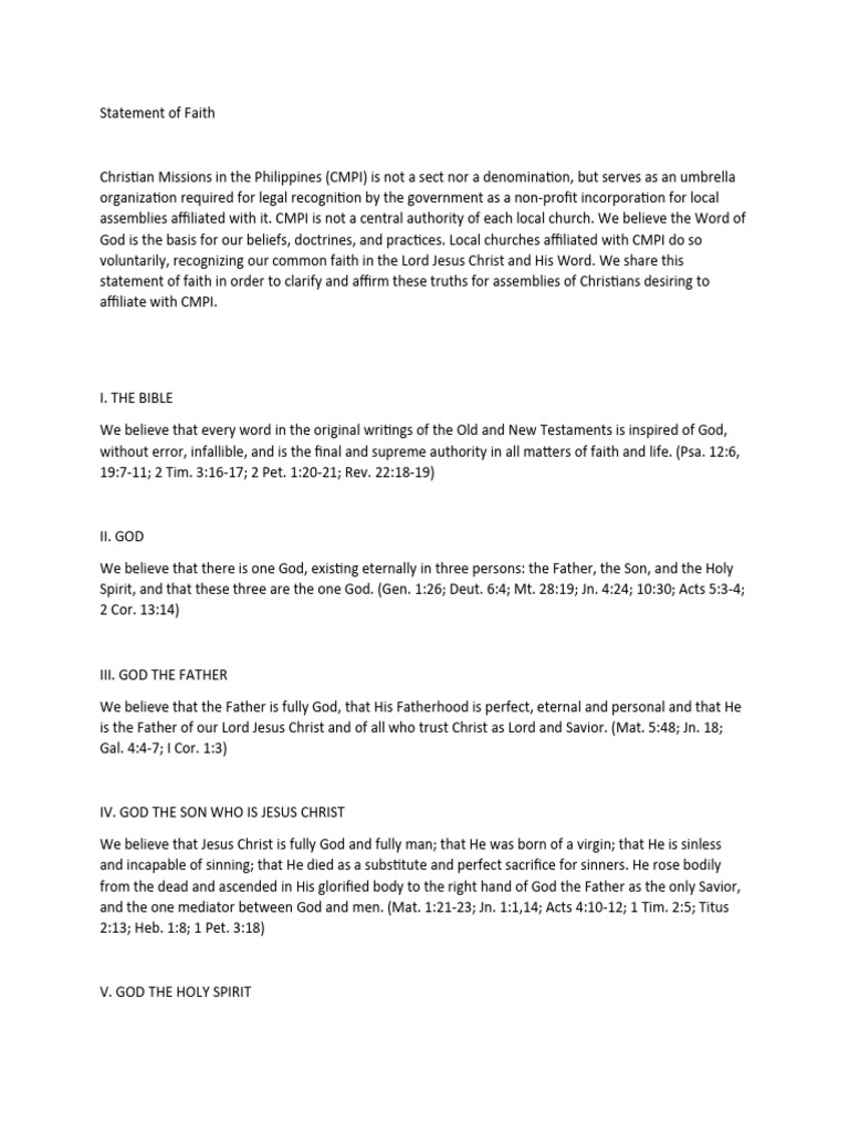 CMPI Statement of Faith Overview | PDF | God The Father | Creed