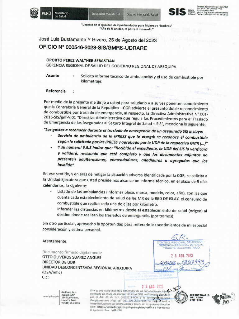 Of. #546-Udr-Sol Informe Tecnico Ambulancia y Uso Combustible | PDF