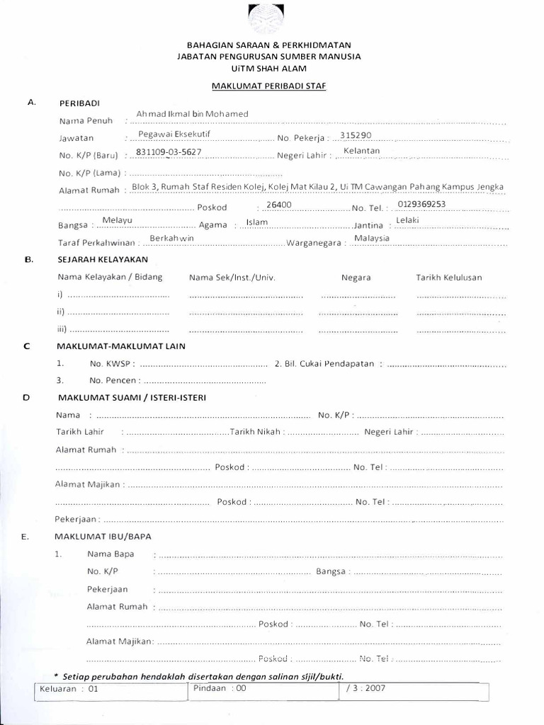 1.borang Tambahan Maklumat Baru Peribadi Staf | PDF