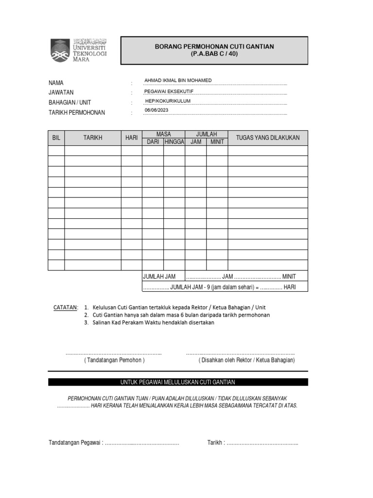 3.borang Permohonan Cuti Gantian | PDF