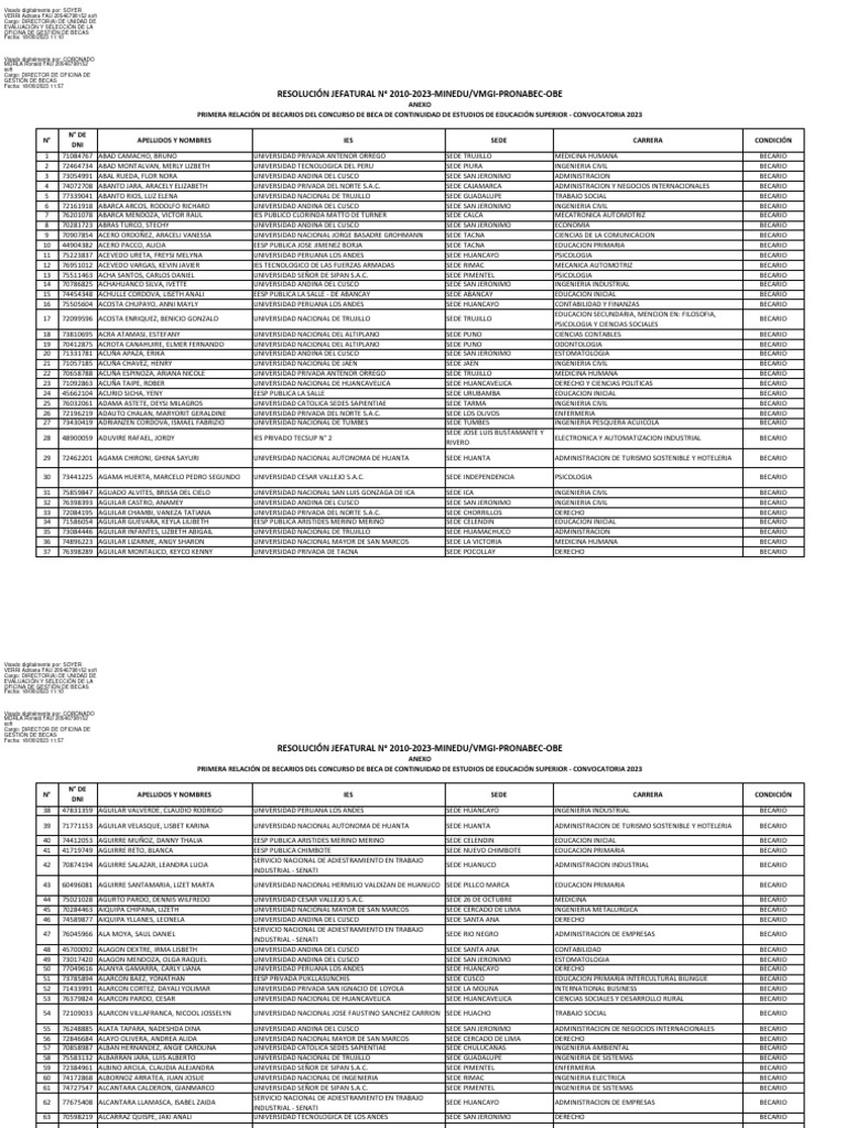 Anexo - Primera Relación de Becarios Beca Continuidad 2023 | PDF | Perú | Ingeniería
