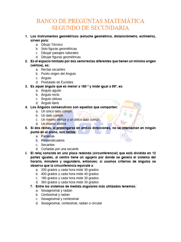 Banco de Preguntas Matemática 2do de Secundaria | PDF | Ángulo | Multiplicación