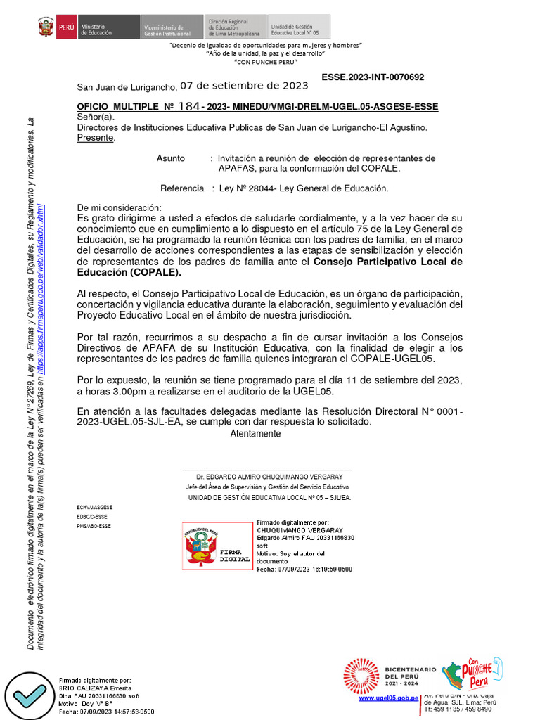 Oficio Multiple 184-2023-Asgese Apafa Copale 0070692 (R) | Descargar ...