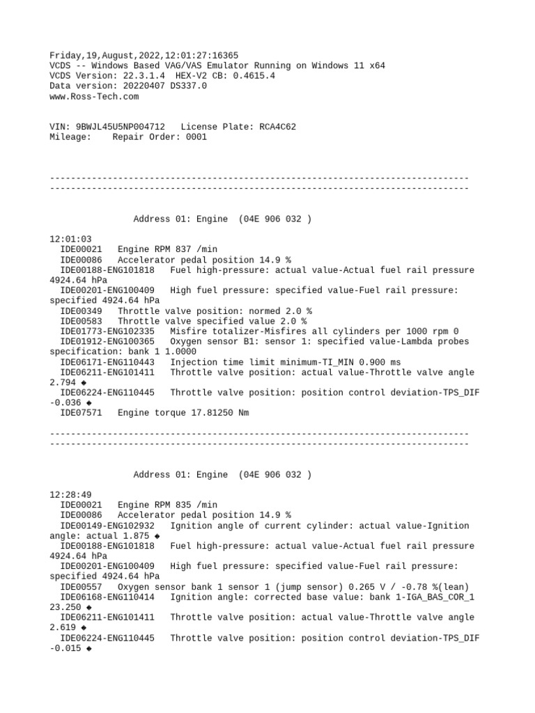Log RCA4C62 9BWJL45U5NP004712 0001 | Download Free PDF | Throttle | Mechanical Engineering