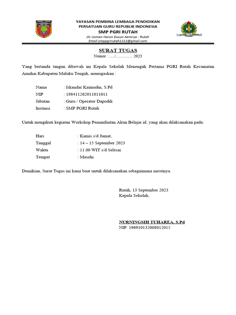 Surat Tugas Kegiatan Workshop | PDF