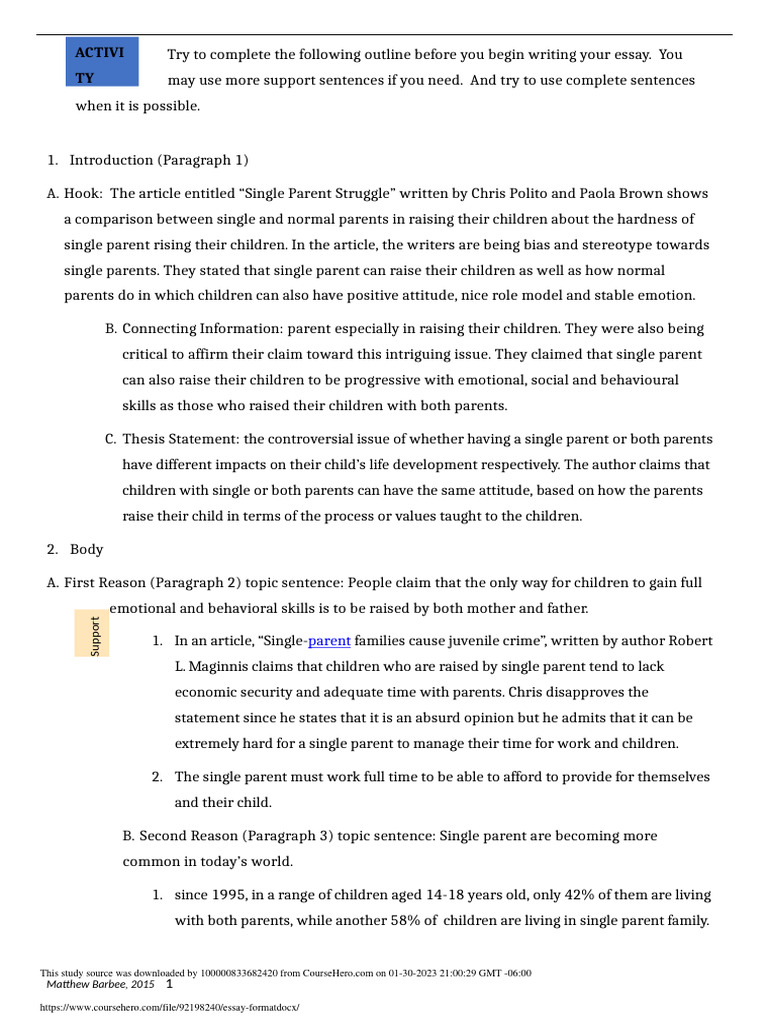 Essay Format | PDF | Single Parent | Family