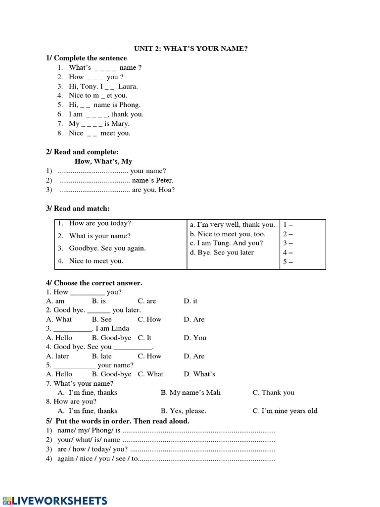 Unit 2: What'S Your Name? 1/ Complete The Sentence | PDF