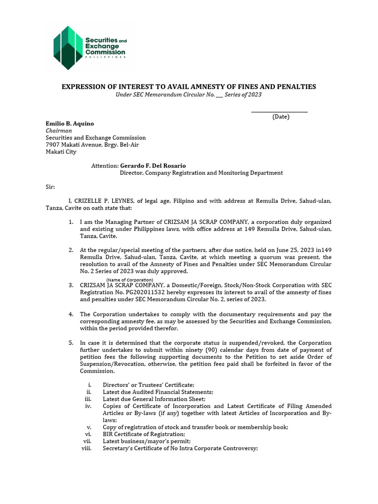 Eoi Amnesty of Fines and Penalties - Aff63417 | PDF | Affidavit | Government